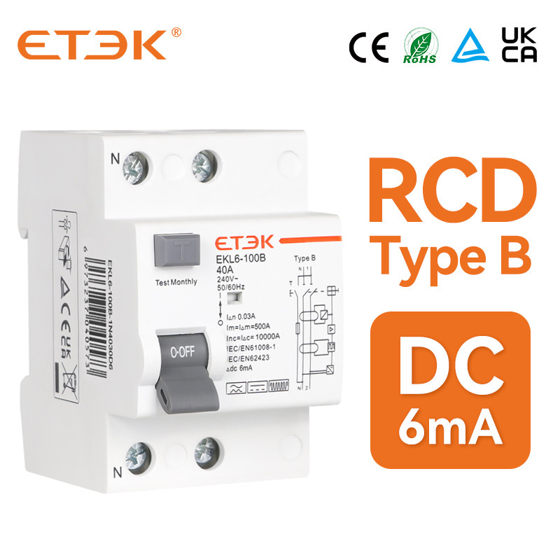 ETEK EKL6-100B DC 6mA Protección contra fugas EV tipo B RCD RCCB 25-63A para cargador AC EV ...