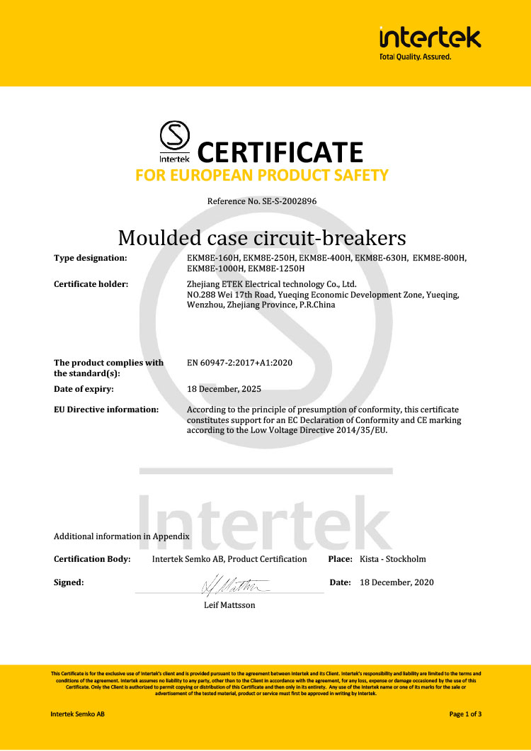 Informe de prueba SEMKO de MCCB EKM8E-125-1250 - China ETEK eléctrico