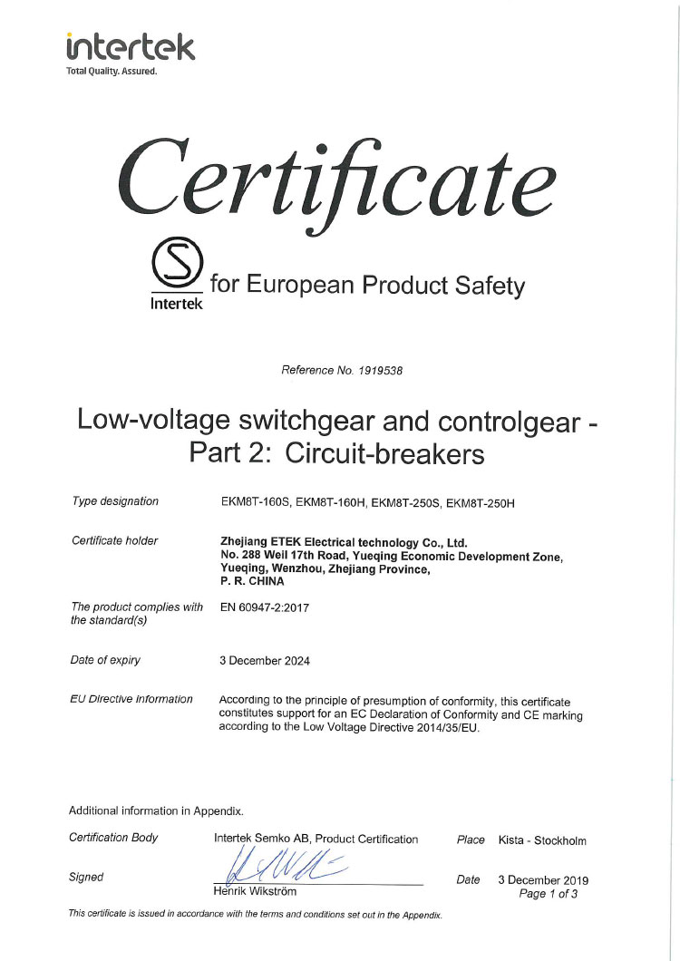 Informe de prueba SEMKO de MCCB EKM8T-160-630 - China ETEK eléctrico