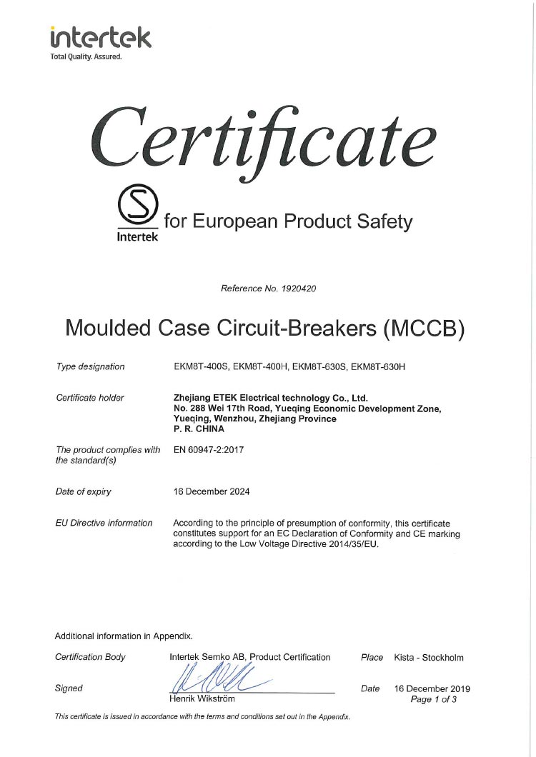 Informe de prueba SEMKO de MCCB EKM8T-400-630 - China ETEK eléctrico